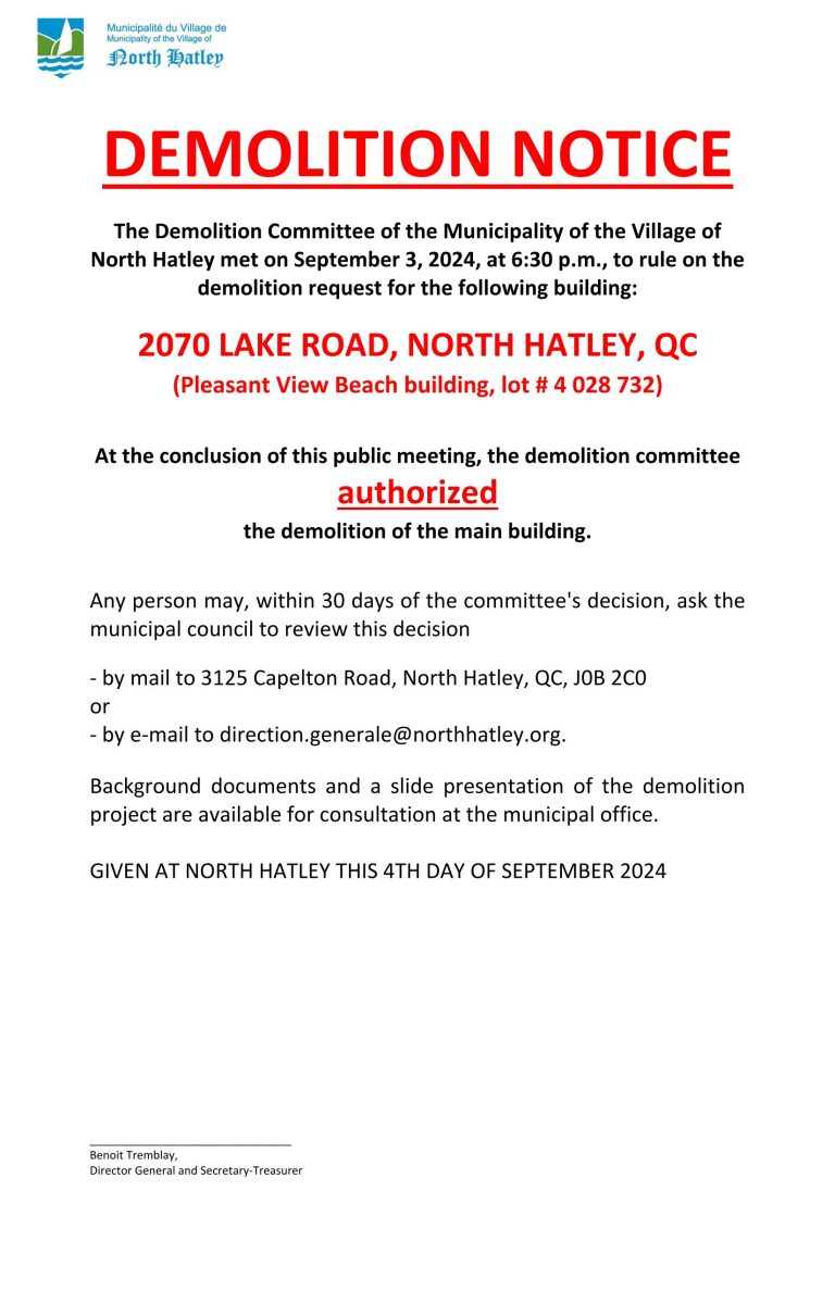 PUBLIC NOTICE - DEMOLITION - Village de North Hatley